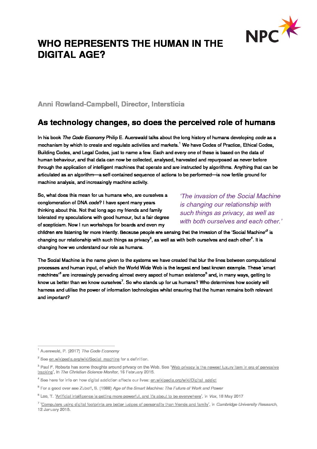 Who represents the human in the digital age? - NPC