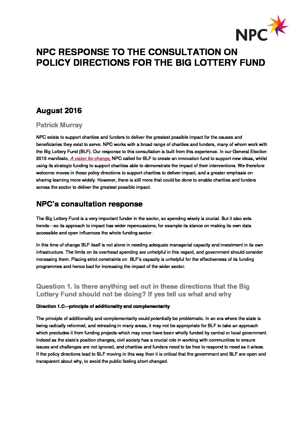 Big Lottery Fund—NPC consultation response - NPC