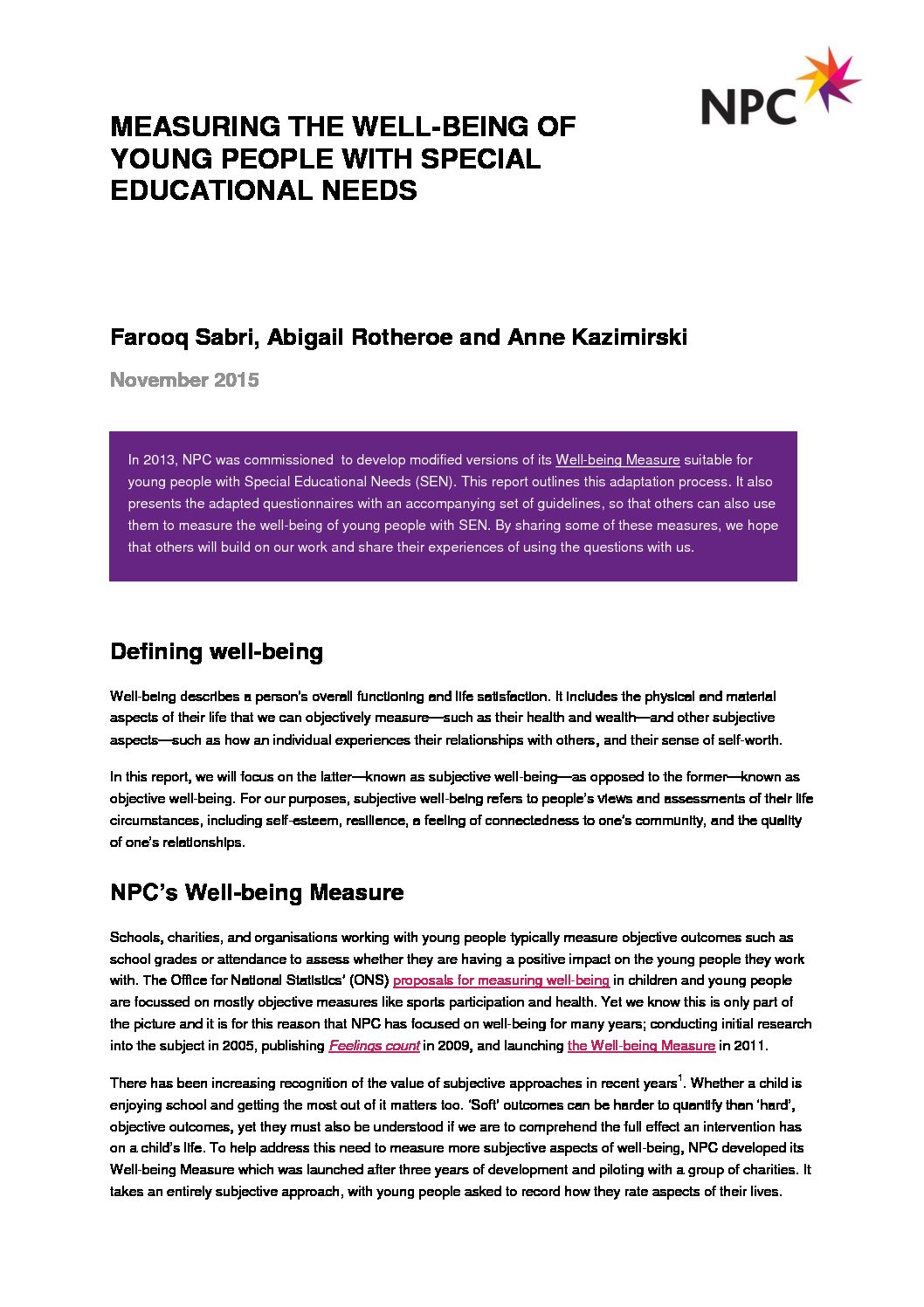 Measuring the well-being of young people with Special Educational Needs