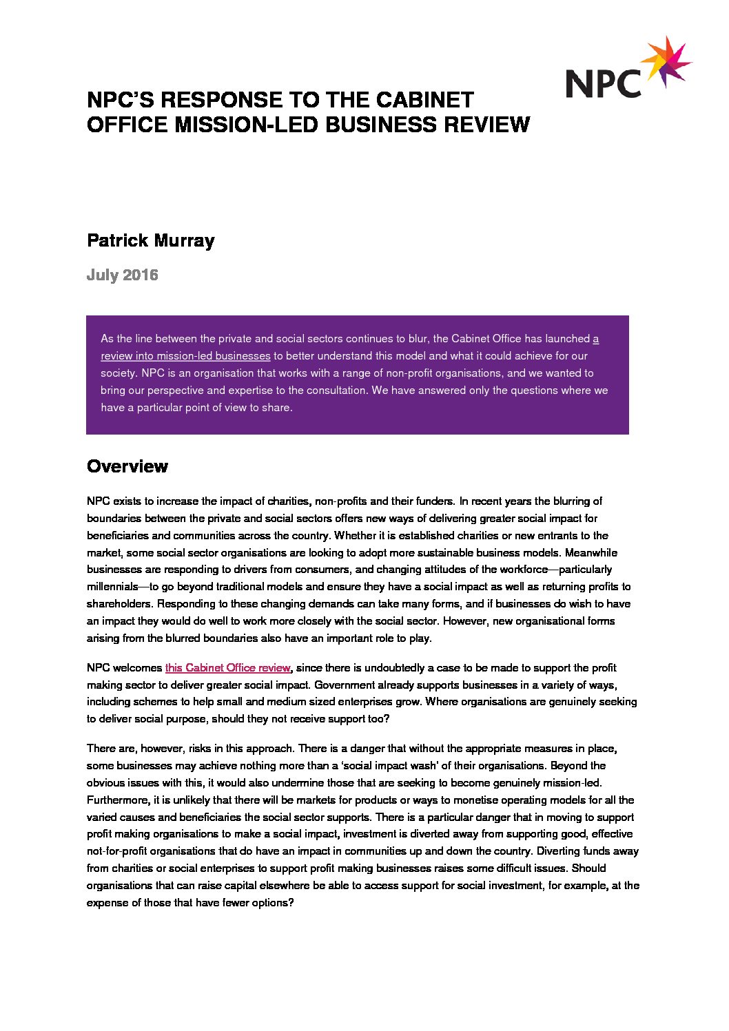 NPC's response to the Cabinet Office mission-led business review